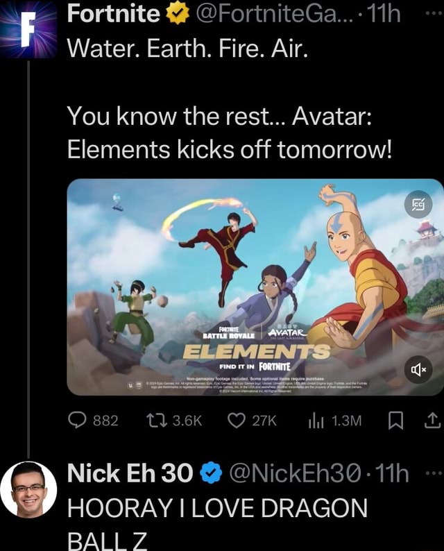 Fortnite @FortniteGa...- Water. Earth. Fire. Air. You know the rest ...