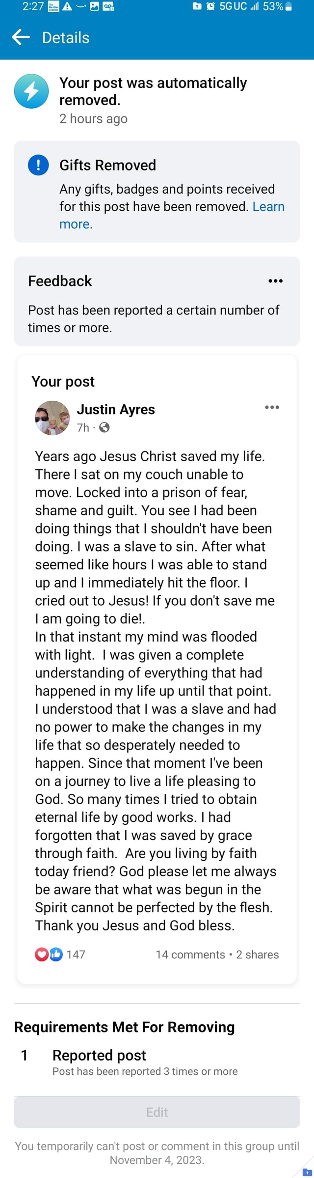 227 Details SGUC 53% Your post was automatically removed. 2 hours ago Gifts Removed Any gifts ...