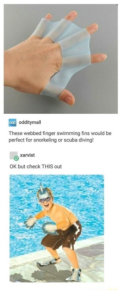 These webbed finger swimming fins would be perfect for snorkeling or ...
