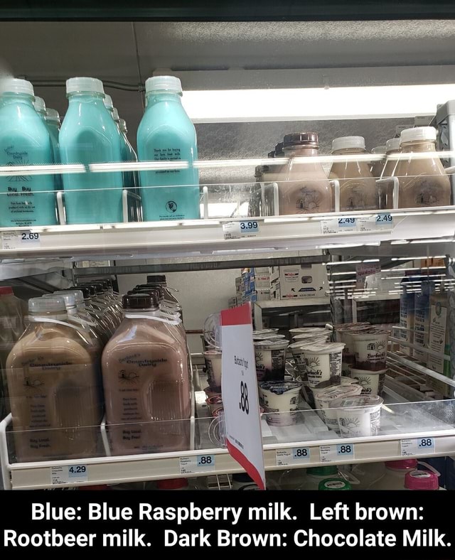Blue: Blue Raspberry milk. Left brown: Rootbeer milk. Dark Brown ...