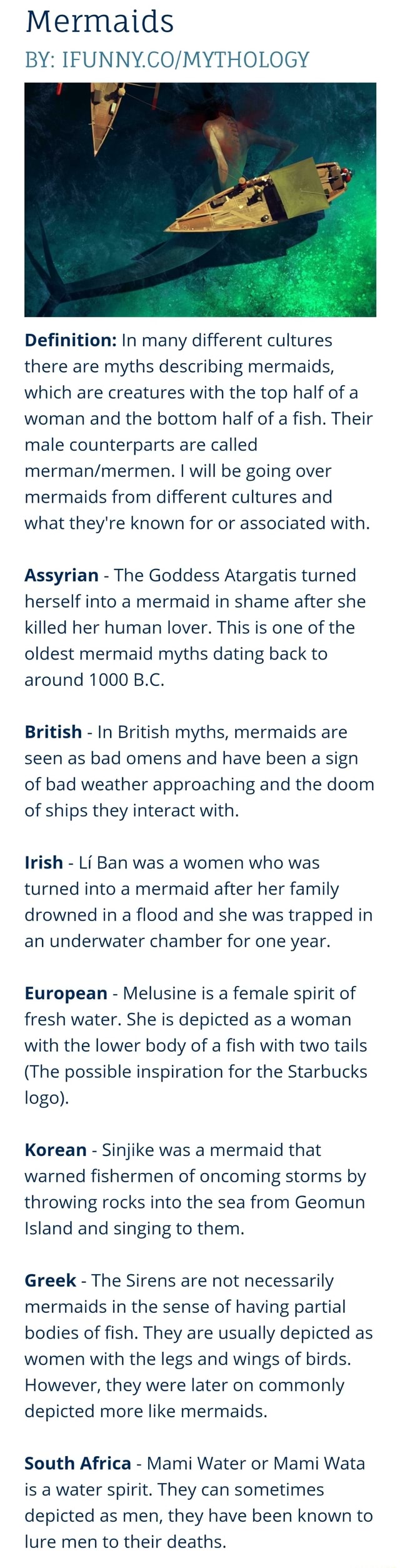 Mermaids BY: IFUNNY.CO/MYTHOLOGY Definition: In many different cultures ...