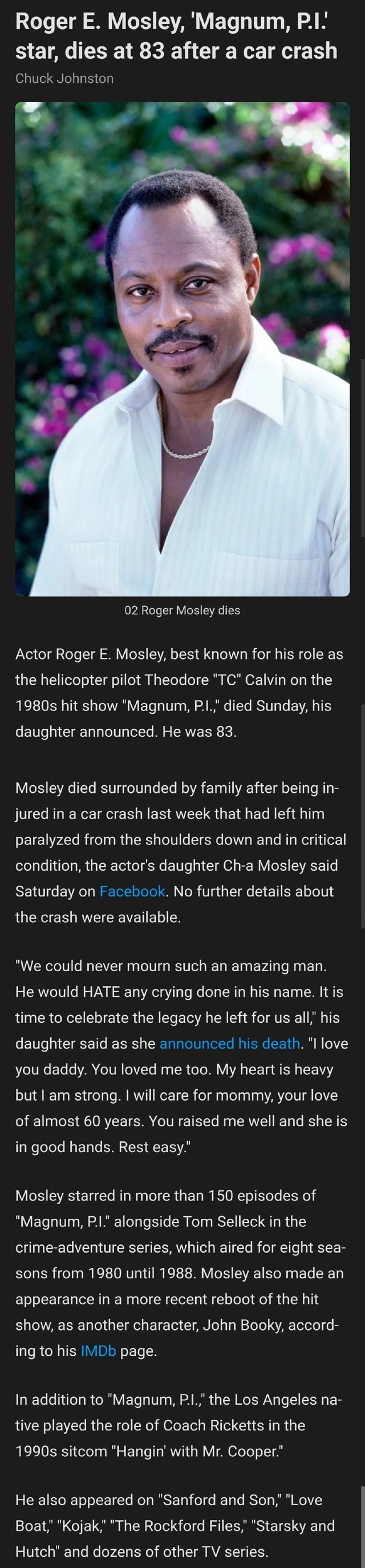 Roger E. Mosley, 'Magnum, P.I: star, dies at 83 after a car crash Chuck ...
