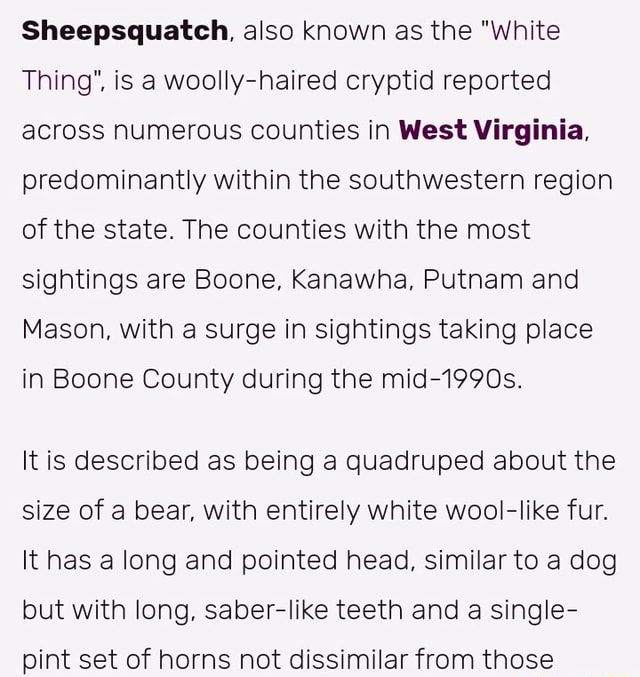 Sheepsquatch, also known as the "White Thing", is a woolly-haired ...