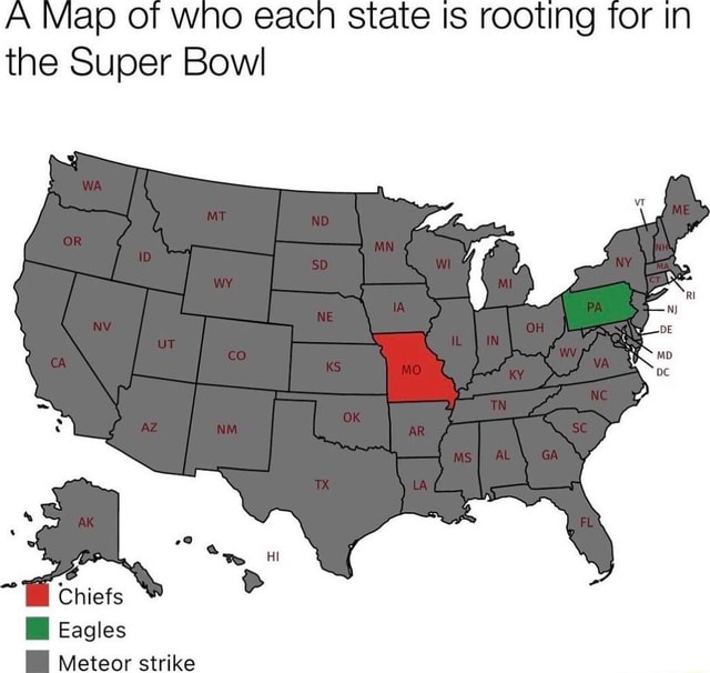 A Map of who eacn state Is rooting Tor in the Super Bowl Chiefs Eagles ...