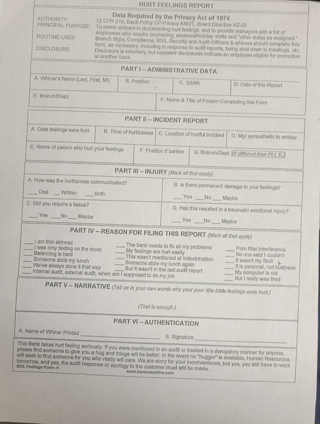 HURT FEELINGS REPORT Data Required by the Privacy Act of 1974 AUTHORITY ...