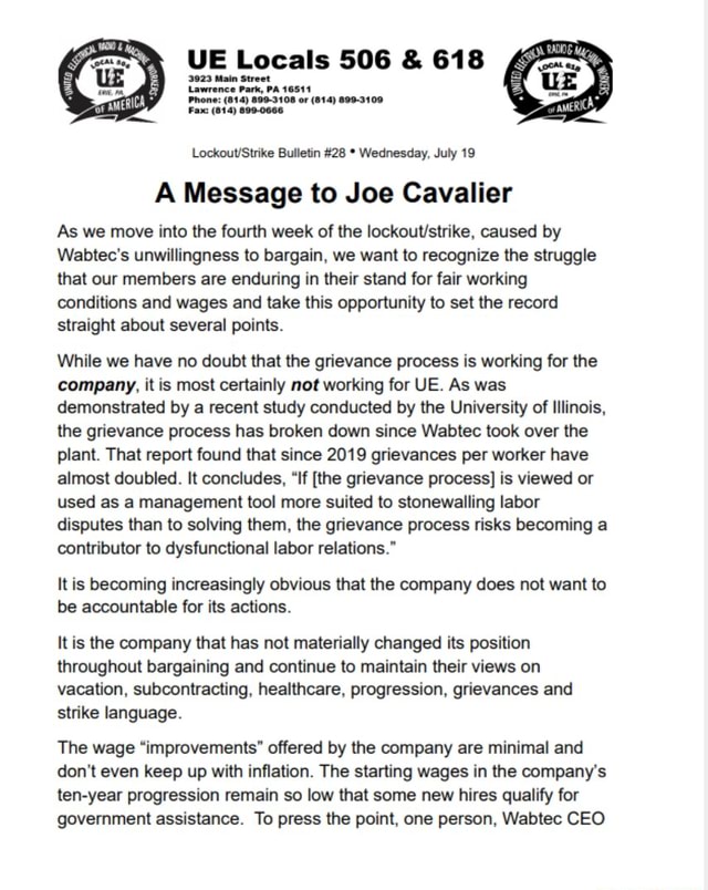 UE Locals 506 & 618 3923 Main Street Lawrence Park, PA 16511 Phone ...