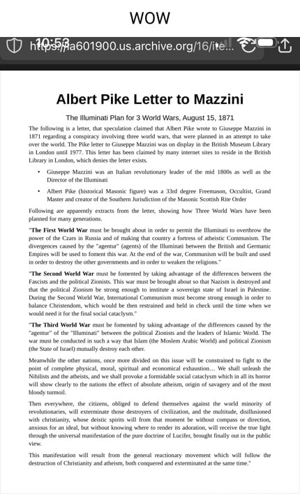 Wow Albert Pike Letter to Mazzini 'The luminat Plan for 3 World Wars ...