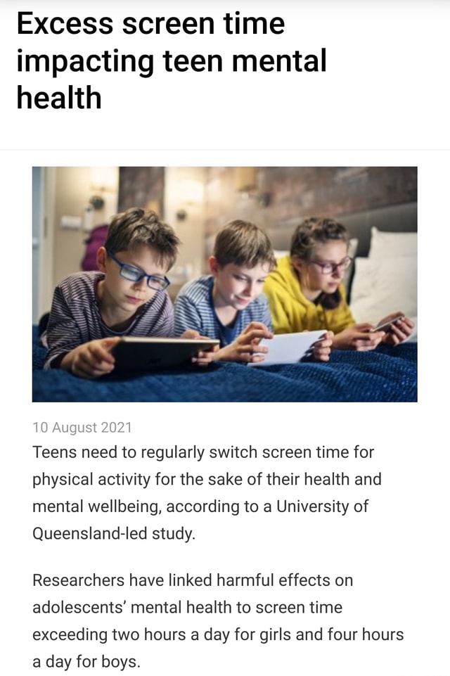 Excess screen time impacting teen mental health 10 August 2021 Teens ...