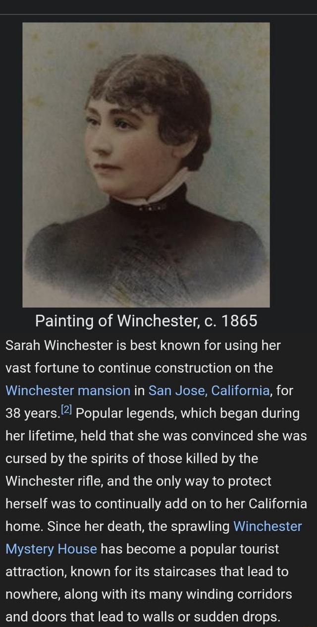 Painting of Winchester, c. 1865 Sarah Winchester is best known for ...