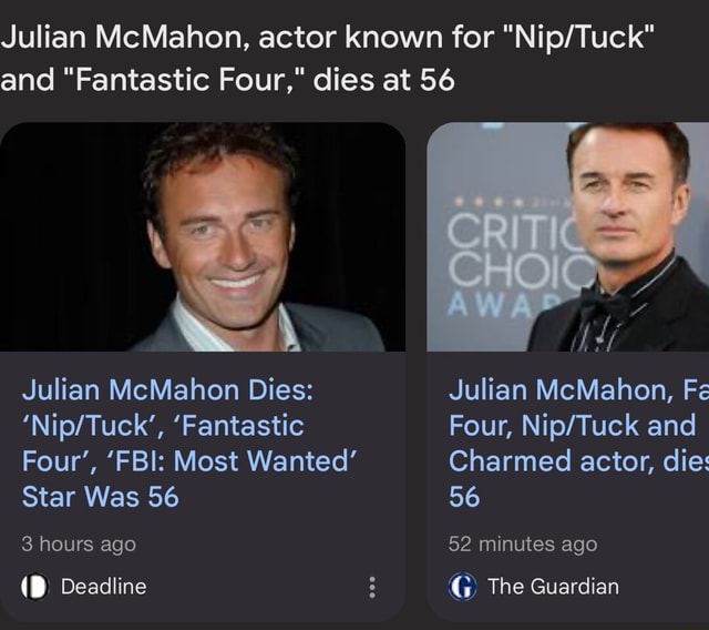 Julian McMahon, actor known for and "Fantastic Four," dies at 56 Julian ...