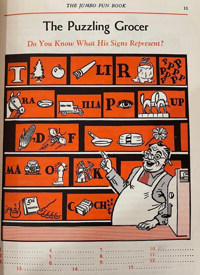 THE JUMBO FUN BOOK The Puzzling Grocer Do You Know What His Signs ...