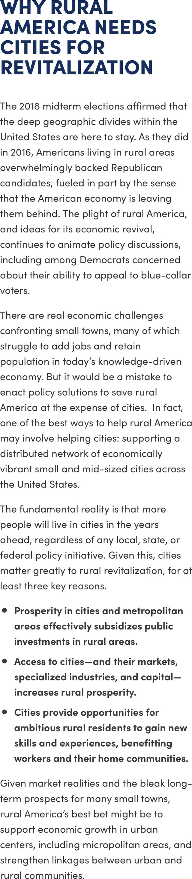 WHY RURAL AMERICA NEEDS CITIES FOR REVITALIZATION The 2018 midterm ...