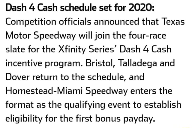 Dash 4 Cash schedule set for 2020: Competition officials announced that ...