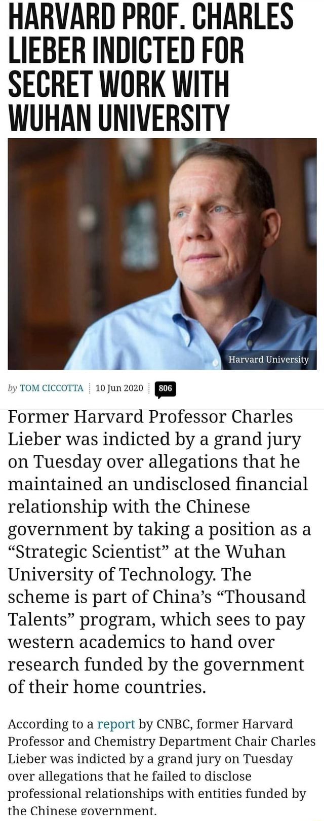 Former Harvard Professor Charles Lieber was indicted by a grand jury on ...