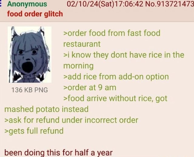 Anonymous No.913721473 food order glitch >order food from fast food ...