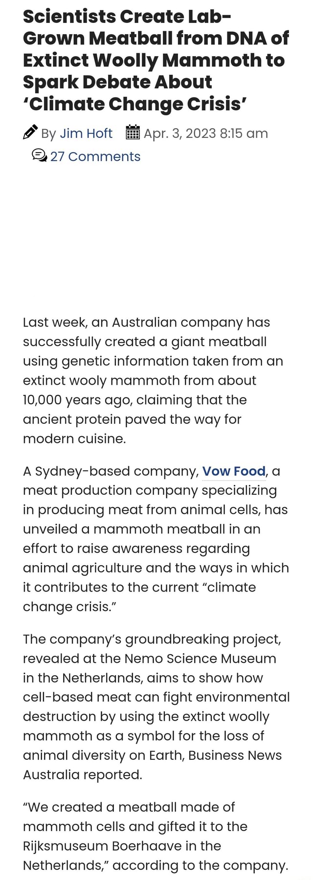Scientists Create Lab Grown Meatball From Dna Of Extinct Woolly Mammoth To Spark Debate About