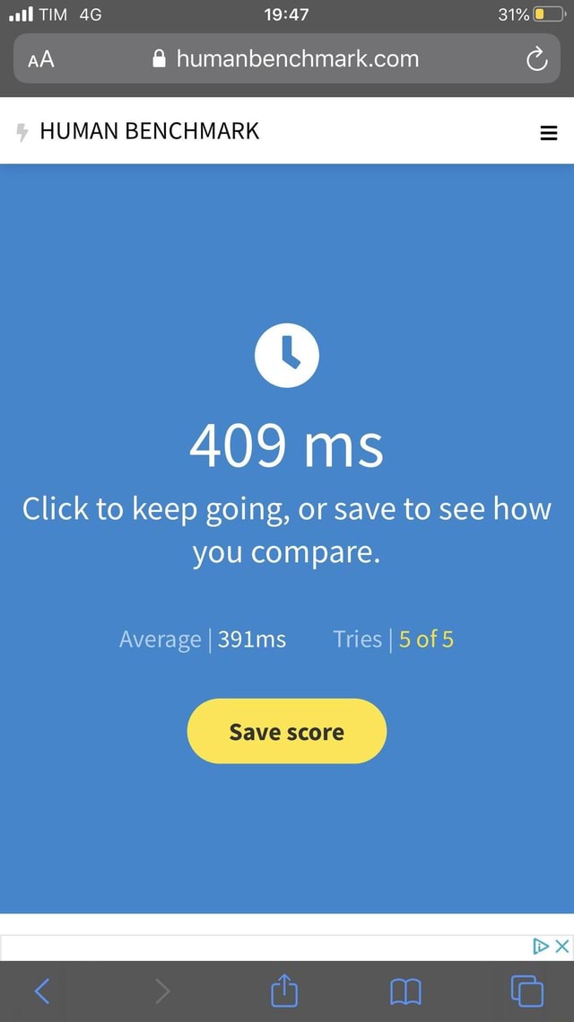 HUMAN BENCHMARK O 409 ms Click to keep going, or save to see how you ...