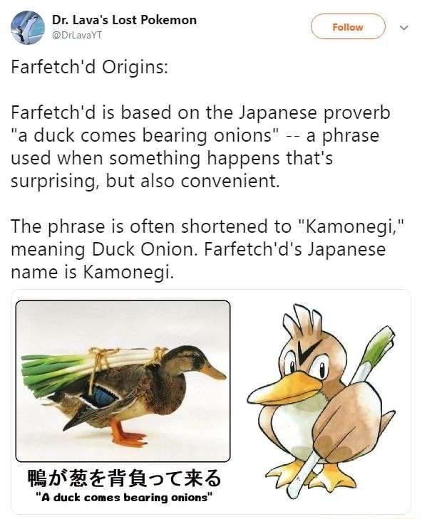 Farfetch'd is based on the Japanese proverb "a duck comes bearing ...