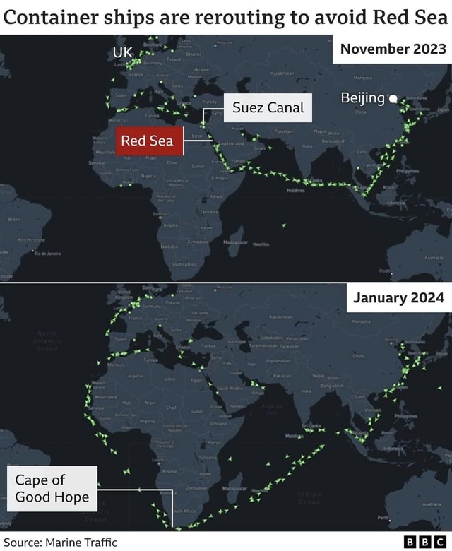 Container ships are rerouting to avoid Red Sea Suez Canal Red Sea ...