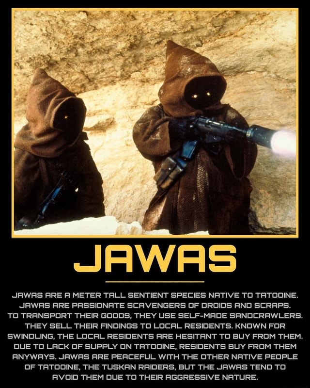 JAWAS ARE A METER TALL SENTIENT SPECIES NATIVE TO TATOOINE. JAWAS ARE ...