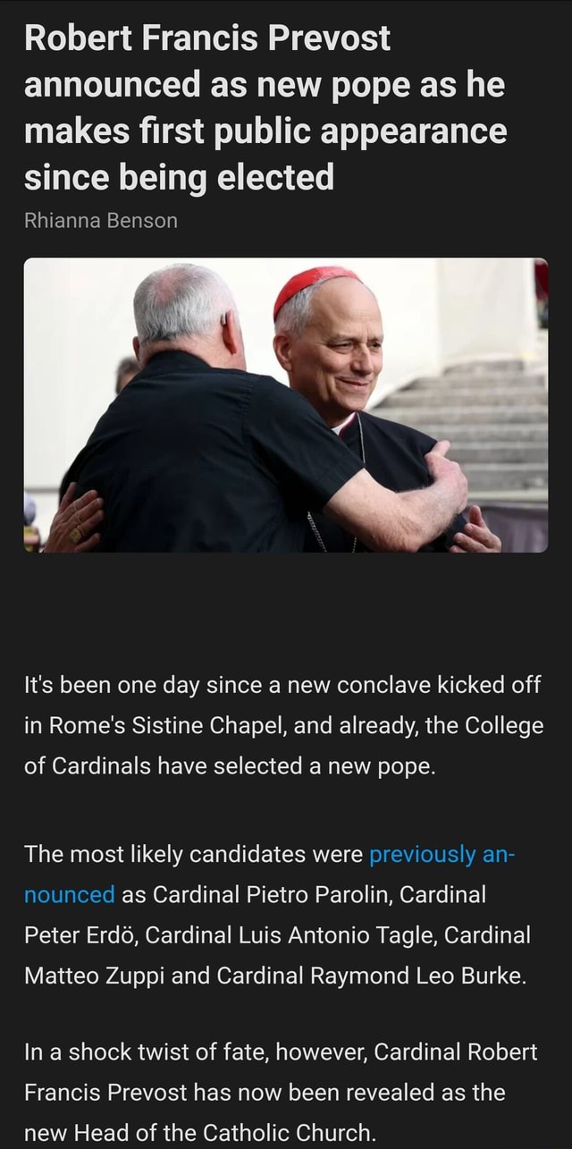 Robert Francis Prevost announced as new pope as he makes first public ...