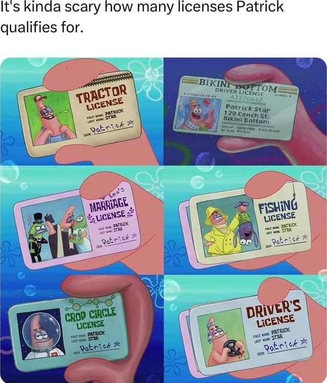 It's kinda scary how many licenses Patrick qualifies for. PRIVER - iFunny