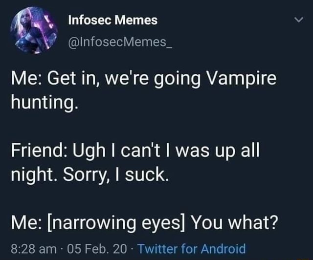 Infosec Memes @lnfosecMemes_ Me: Get in, we're going Vampire hunting ...