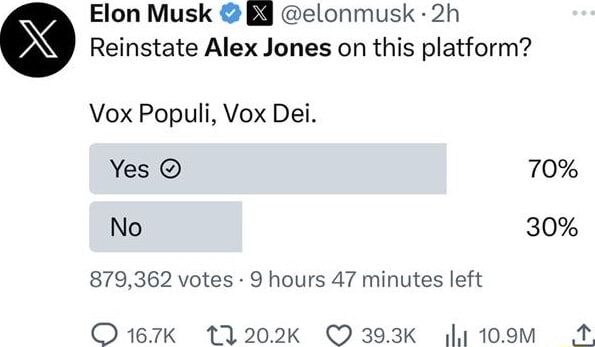 Elon Musk @ BY @elonmusk Reinstate Alex Jones on this platform? Vox ...