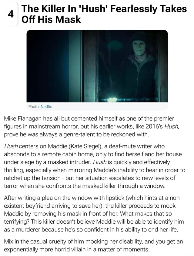 The Killer In 'Hush' Fearlessly Takes 4 Off His Mask Photo: Netflix ...