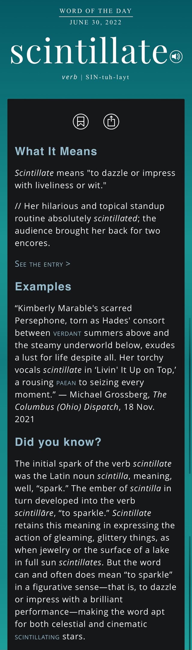 WORD OF THE DAY JUNE 30, 2022 scintillates verb I SIN-tuh-layt What It ...