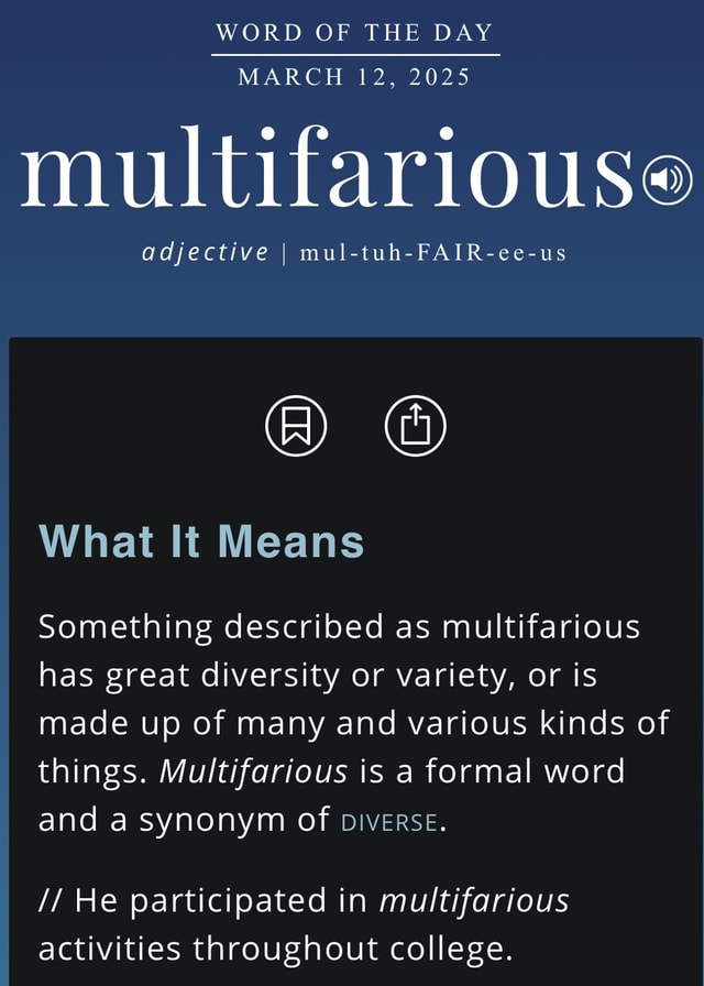 WORD OF THE DAY MARCH 12 2025 Multifariouse Adjective I Mul tuh FAIR WORD OF THE DAY MARCH 12 2025 Multifariouse Adjective I Mul tuh FAIR