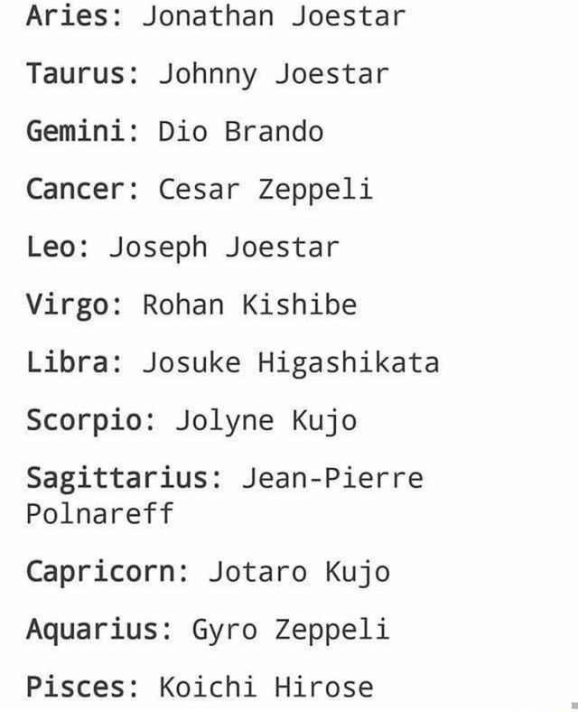 Aries: Jonathan Joestar Taurus: Johnny Joestar Gemini: Dio Brando ...
