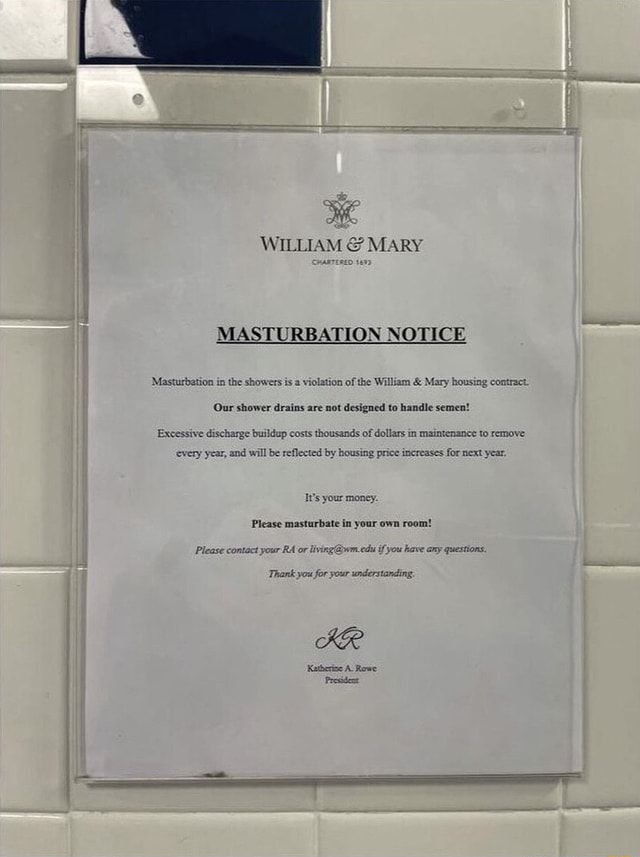 William I Mary Masturbation Notice Masturbation In The Showers Is A