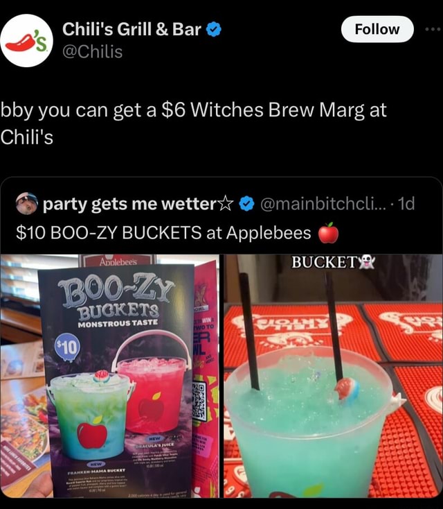 & Bar @Chilis bby you can get a $6 Witches Brew Marg at Chili's id ...