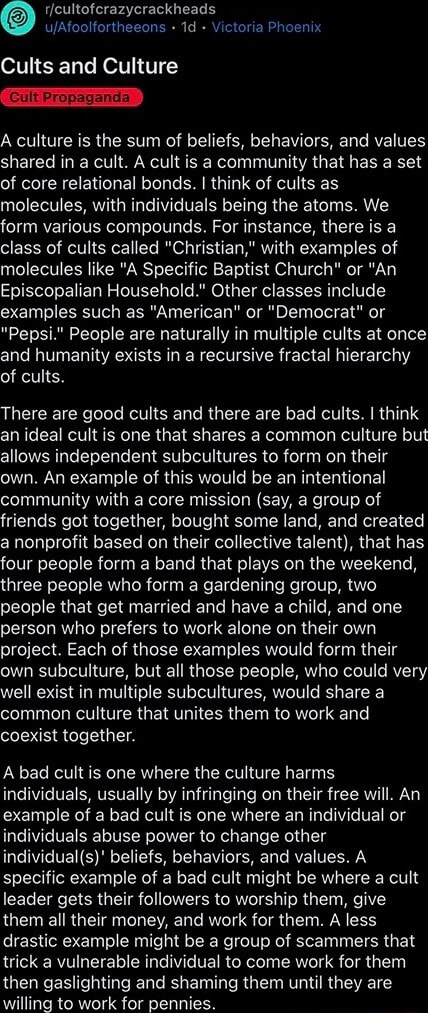 Cults and Culture A culture is the sum of beliefs, behaviors, and ...