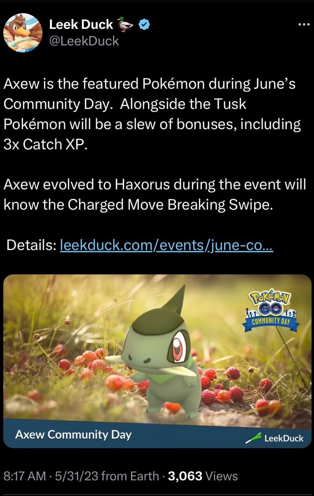 Leek Duck @ @LeekDuck Axew is the featured Pokmon during June's ...