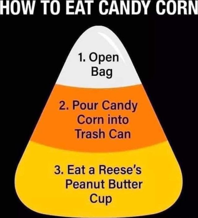 HOW TO EAT CANDY CORN 1. Open Bag 2. Pour Candy Corn into Trash Can 3 ...
