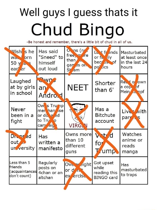 Well guys I guess thats it Chud Bingo -Bs honest and remember, there's ...