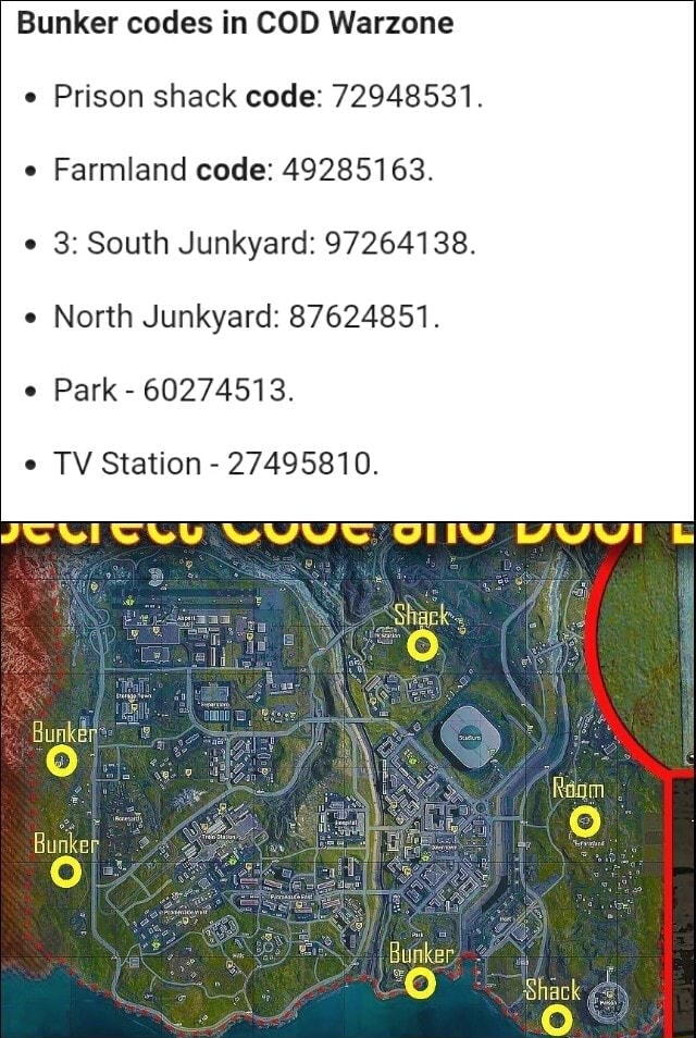 Bunker codes in COD Warzone Prison shack code: 72948531. Farmland code ...