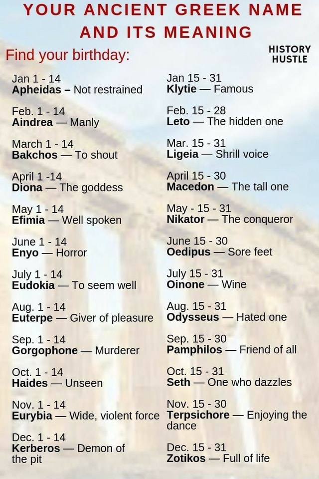 YOUR ANCIENT GREEK NAME AND ITS MEANING Find your birthday: Jan 14 ...
