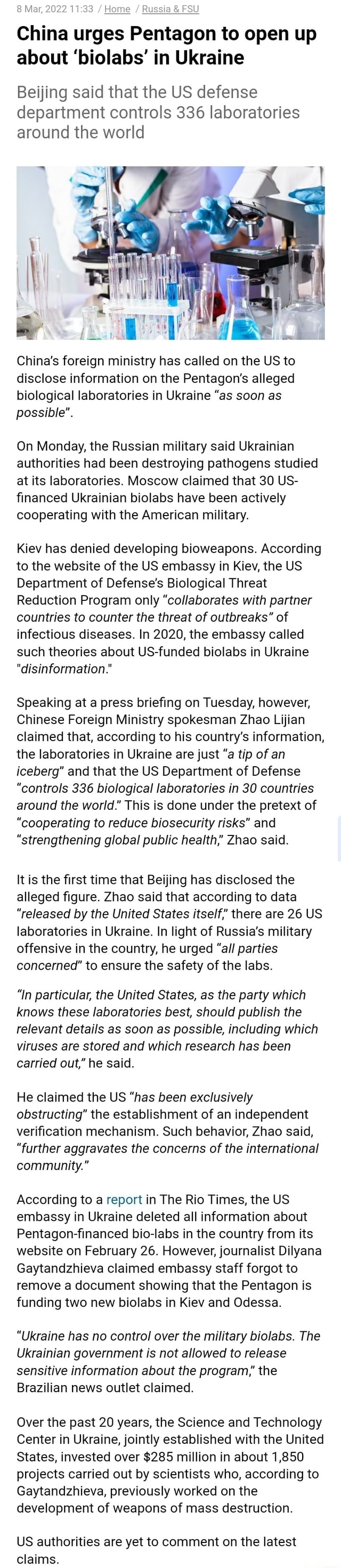 Ru: FSU 8 Mar, 2022 Home Ri FSU China urges Pentagon to open up about ...