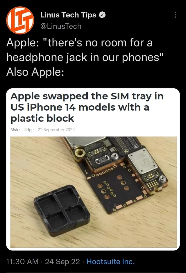 Linus Tech Tips @ @LinusTech Apple: "there's no room for a headphone ...
