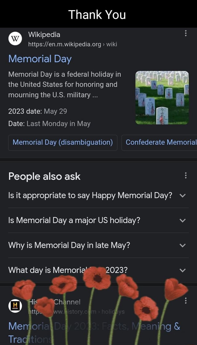 Thank You Wikipedia wiki Memorial Day Memorial Day is a federal holiday ...