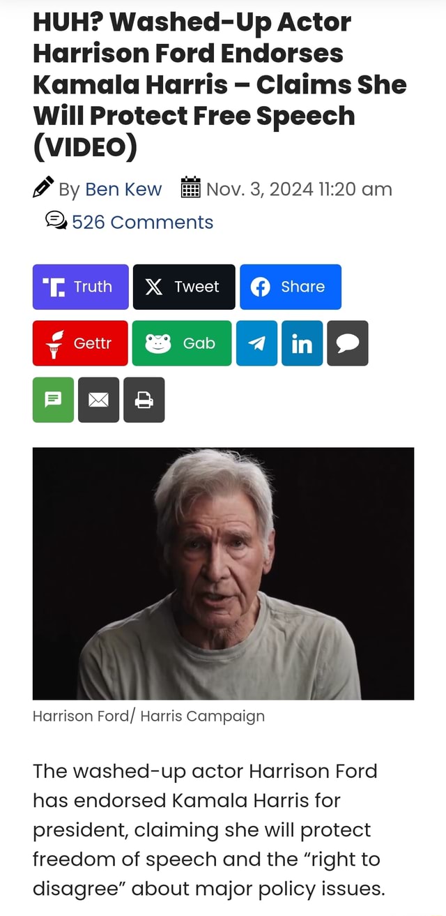 HUH? Washed-Up Actor Harrison Ford Endorses Kamala Harris - Claims She ...