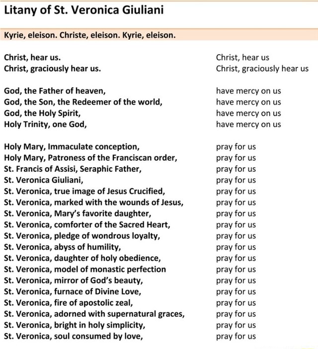Litany of St. Veronica Giuliani Kyrie, eleison. Christe, eleison. Kyrie ...