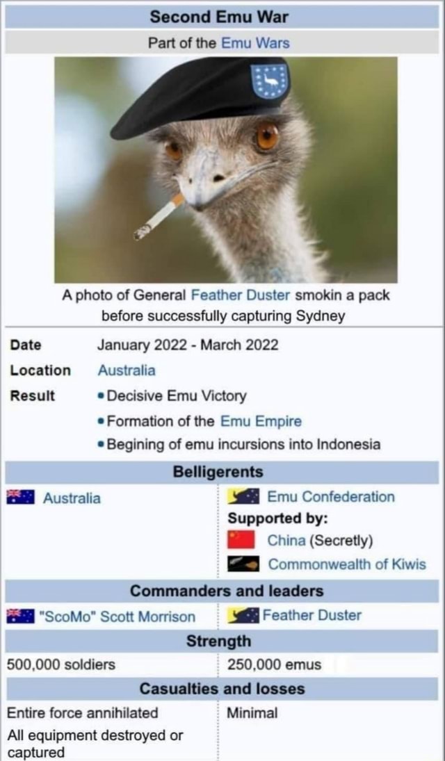 Second Emu War Part of the Emu Wars A photo of General Feather Duster ...