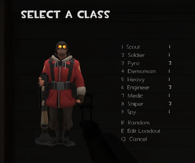 SELECT A CLASS 2 4 5 6 Scout Soldier Pyro Demoman Heavy Engineer Medic ...