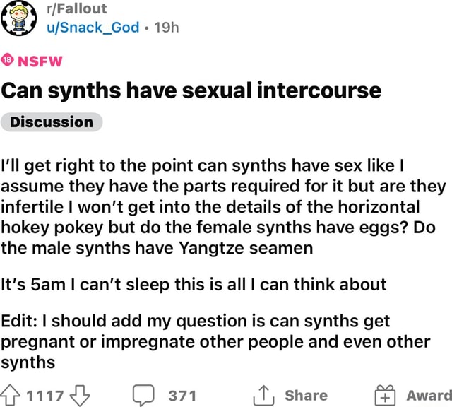 Nsfw Can Synths Have Sexual Intercourse Discussion Ill Get Right To The Point Can Synths Have