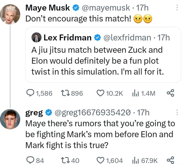 Maye Musk @ @mayemusk Don't encourage this match! Lex Fridman ...