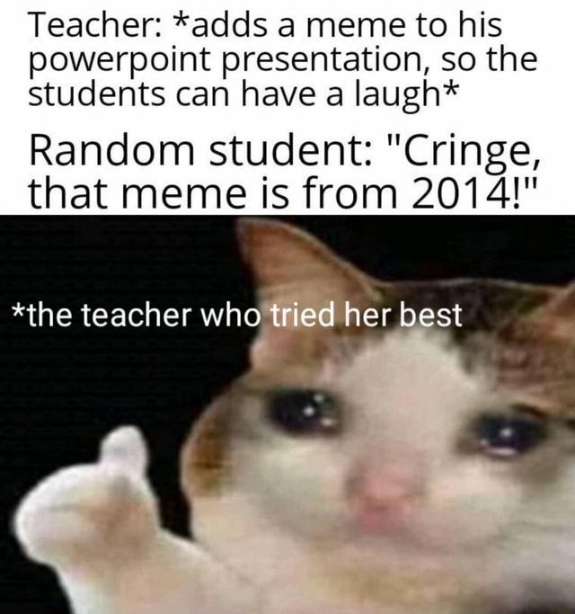 Teacher: *adds a meme to his powerpoint presentation, so the students ...